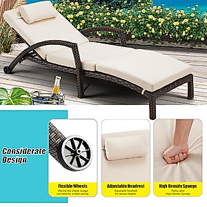 HOMREST Chaise Lounge Chairs Set of 2 for Outside, Adjustable 5 Position Outdoor PE Rattan Wicker Patio Pool Lounge Chair with Arm, Cushion, Pillow and Wheels for Poolside Backyard Deck Porch,Khaki