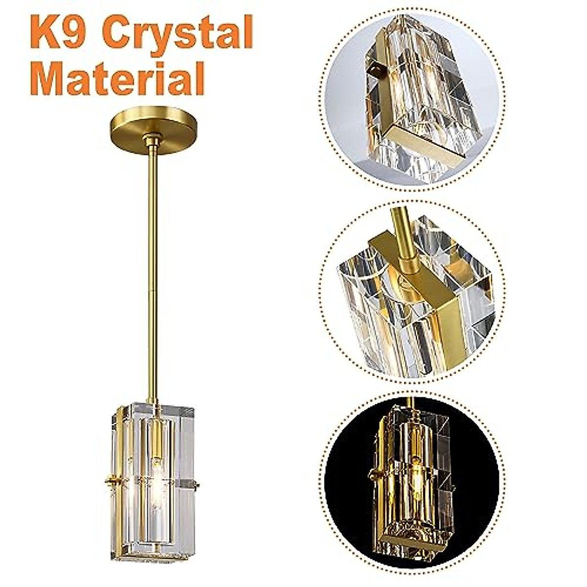 Untrammelife Gold K9 Crystal Pendant Light, 1 Light Modern LED Pendant Lights Kitchen Island, Adjustable Ceiling Hanging Pendant Light Fixtures for Dinning Room Bedroom, T8 LED Bulb Included