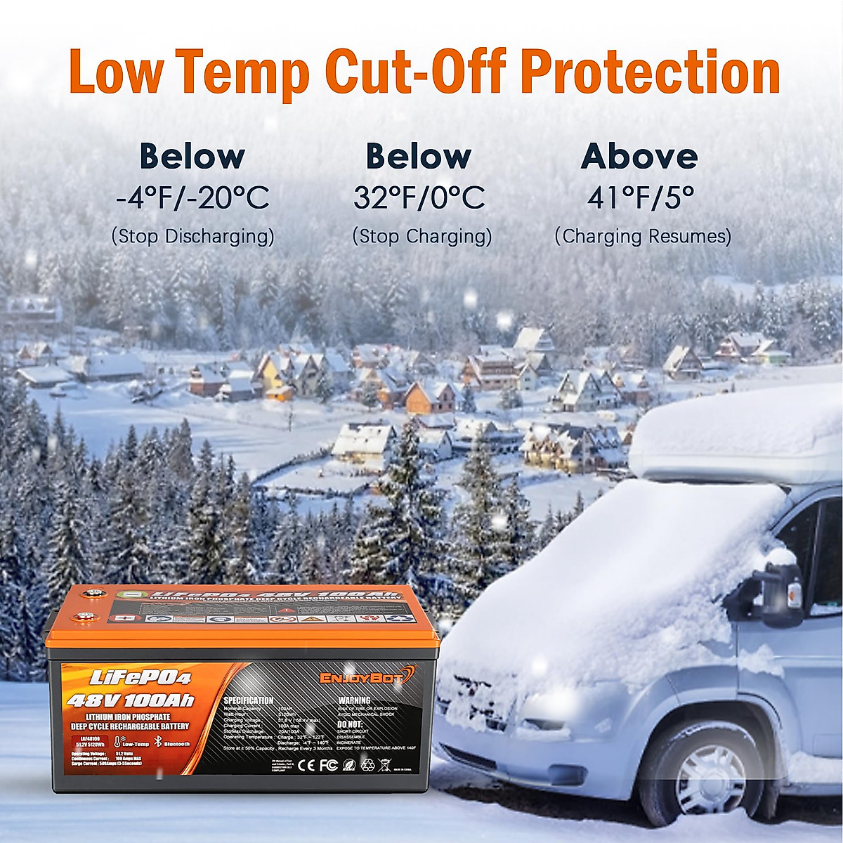 Enjoybot 48V 100Ah LiFePO4 Lithium Battery, Built-in 100A BMS and Bluetooth, Low Temperature Cut-Off Function and Peak Current 500A Perfect for Golf Cart Solar Off-Grid RV Camper, Home Energy Storage