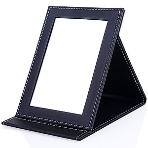 Onwon Portable Foldable Vanity Mirror (Large) with Adjustable Stand PU Leather Cover Folding Tabletop Makeup Mirror for Travel, Black