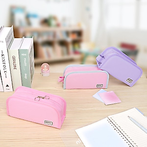 Sooez Wide Opening Pencil Pen Case,Large Capacity Zipper Pouch,Aesthetic Bag School Supplies,Compact Stationery Organizer Marker Pouch Makeup Girls Adult School,Blue & Pink Edge(SZA0314-0002A)