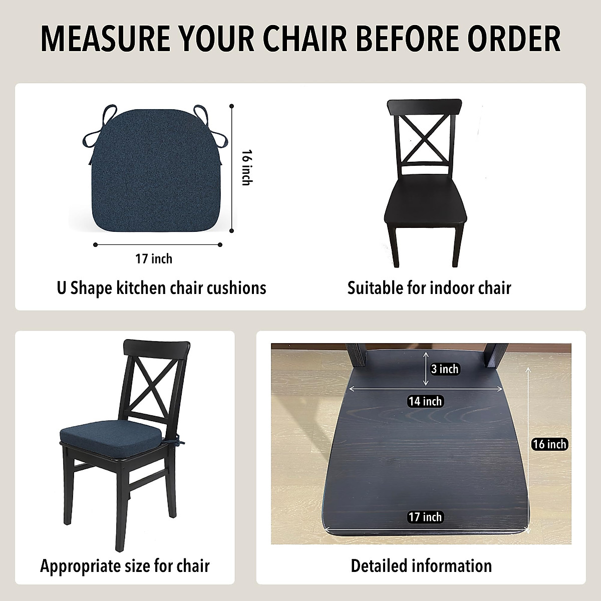 Tromlycs Chair Cushions for Dining Chairs Kitchen Pads 4 Pack Room Seat Indoor U Shaped Non Slip with Ties Set 16x17 Inch Navy Blue