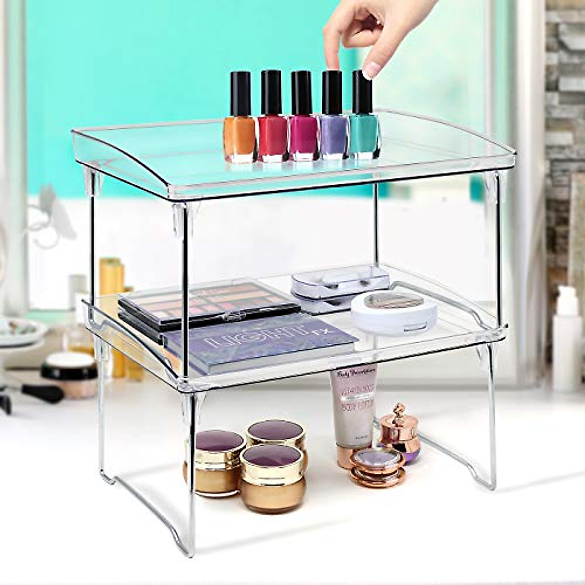 Sorbus Stackable Shelves for Cabinets & Countertop - Storage Shelf Organizer Stand Racks- Foldable Shelves for Undersink, Kitchen Cabinets, Pantry, Countertops, Clear Plastic/Metal