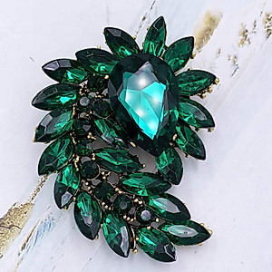 SELOVO Marquise Shape Large Flower Green Brooch Pin Jewelry Antiqued Gold Tone