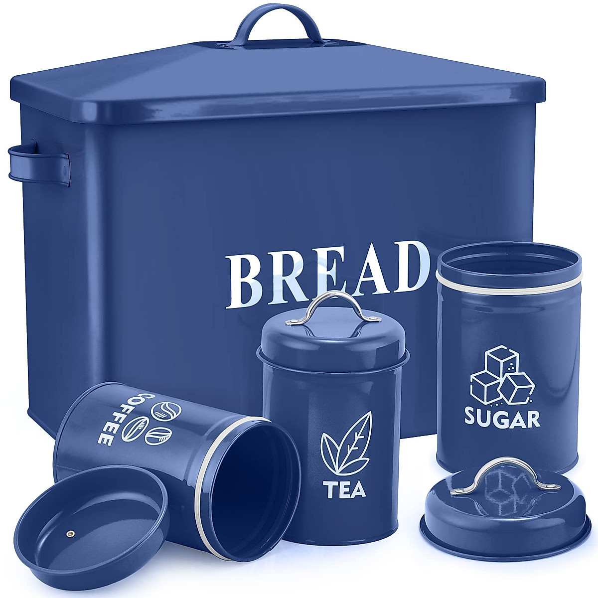 E-far Navy Blue Bread Box & Canister Set - Rustic Kitchen Storage