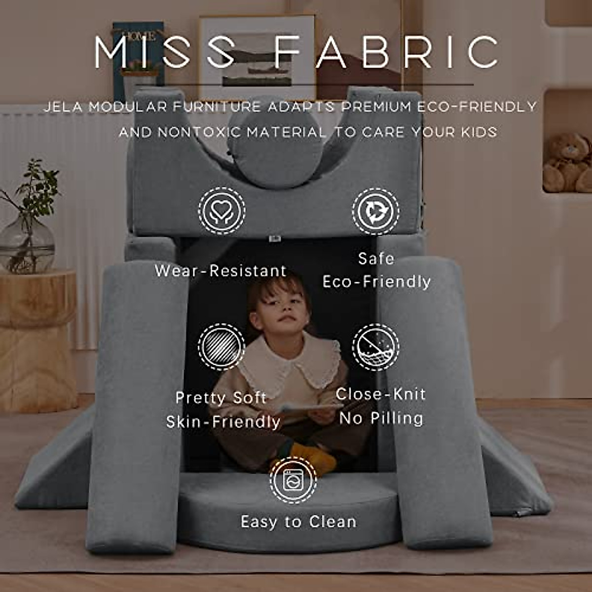 jela Kids Couch 14PCS Luxury, Floor Sofa Modular Furniture for Adults, Playhouse Play Set for Toddlers Babies, Foam Play Couch (Moonlight Grey, 57"x28"x18")