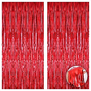 KatchOn, XtraLarge Red Streamers Party Decorations - 3.2x8 Feet, Pack of 2 | Red Christmas Backdrop for Christmas Decorations | Shiny Red Fringe Backdrop | Red Backdrop for Red Party Decorations