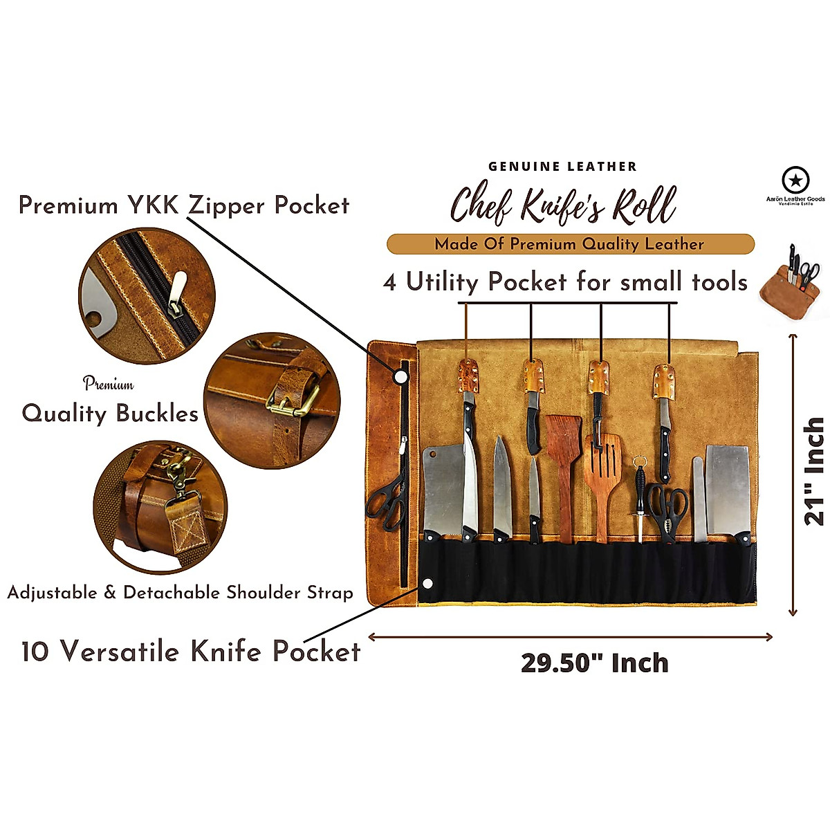 Aaron Leather Goods Vendimia Estilo Leather Knife Roll Storage Bag, Elastic and Expandable 10 Pockets, Adjustable/Detachable Shoulder Strap, Travel-Friendly Chef Knife Case Roll (Caramel, Leather)