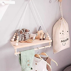 YINCOO Wooden Rope Swing Floating Shelves with Wood Beads, Hanging Rod for Wall Bedroom Kids Living Room Playroom Boho Decor Ornaments Nordic Display (Pink)