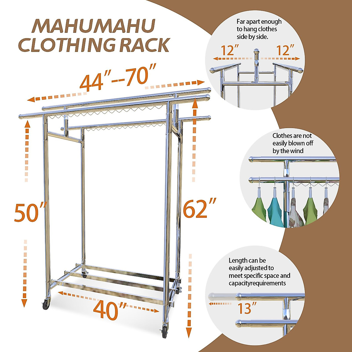 mahumahu Heavy Duty Clothes Rack Load 700LBS, Garment Rack with 4 Rolling Wheels - Stainless Steel Clothing Rack for Hanging Clothes, Chrome