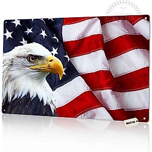 MXJEYAO Tin Sign Retro Style American Flag and Bald Eagle Vintage Wall Decor for Home Office School Decoration Aluminum Metal Kitchen Garden Restaurants Bars Cafes 8x12 Inches, 12x8in