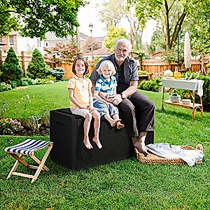 Devoko 100 Gallon Waterproof Large Resin Deck Box Outdoor Storage Box Indoor Lockable Storage Container with Cushion for Patio Furniture Garden Pool Cushions (Black)