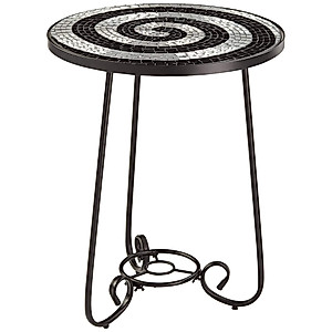 Teal Island Designs Spiral Modern Black Metal Round Outdoor Accent Side Table 17 3/4" Wide Black White Mosaic Tile Tabletop Gracefully Curved Legs for Spaces Porch Patio Home House Balcony Deck