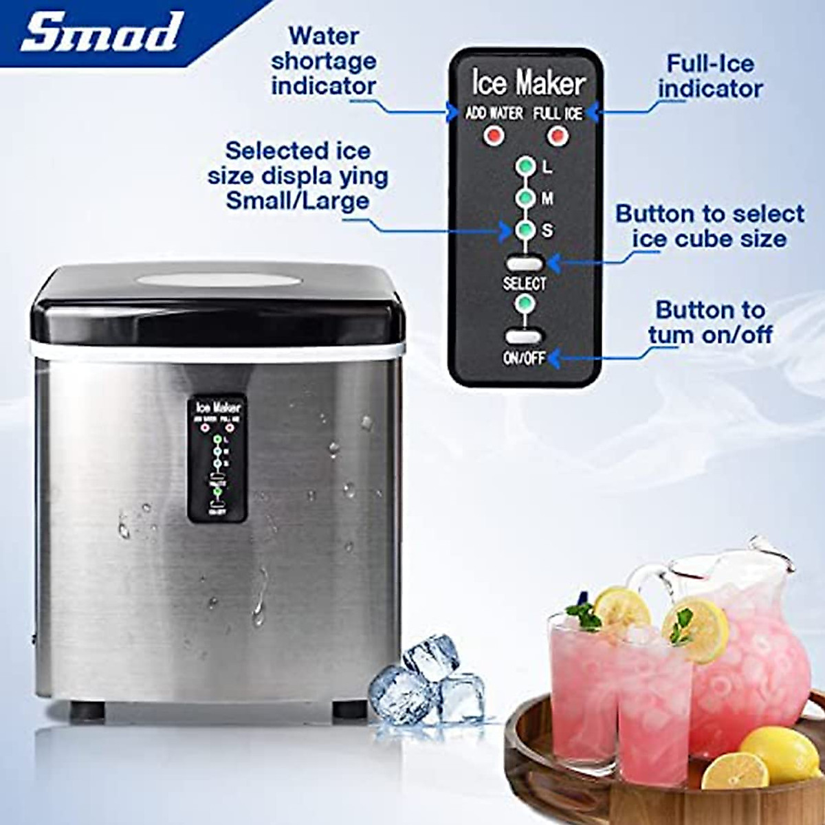 Smad Countertop Ice Maker Stainless Steel Ice Making Machine, Fast Ice Making in 6-12 Minutes, 33lbs/24h, 3.2L Water Tank, 3 Size Ice Cubes