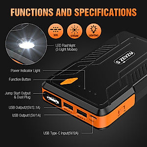S ZEVZO Jump Starter 1000A Peak Portable Jump Starter for Car (Up to 7.0L Gas/5.5L Diesel Engine) 12V Auto Battery Booster Pack with Smart Clamp Cables, USB Charge, LED Flashlight Jump Box