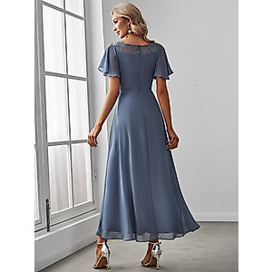 Ever-Pretty Women's Ruffles Sleeve High Low Lace Beaded Chiffon Midi Bridesmaid Gowns Wedding Guest Dress Dusty Blue US14