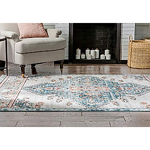 Well Woven Estin Multi Blue & Ivory Vintage Oriental Distressed Medallion Pattern Boho Area Rug (7'10" x 9'10")