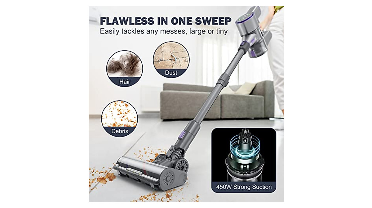 AIMILER Cordless Vacuum Cleaner - Powerful 450W Stick Vacuum 55 Min Runtime