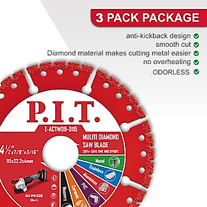 P.I.T. 4 1/2 Inch Diamond Cutting Wheel Metal Cutting Blade for 7/8" Arbor Angle Grinder Cutting Disc with 5000+ Cuts on Metal, Rebar,Sheet Metal,Angle Iron,Stainless Steel,3PCS Cut Off Wheels ﻿