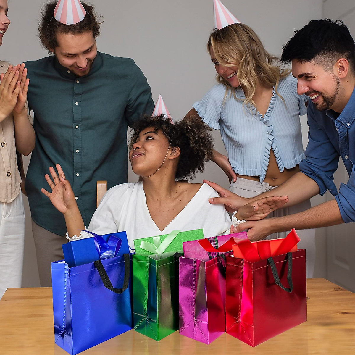 GITMIWS Sparkle Gift Bags with Tissues – Set of 18 Mix Color Reusable Gift Bags Medium size - Perfect as Goodie Bags, Birthday Gift Bag, Party Favor Bags, Christmas Gift Bags