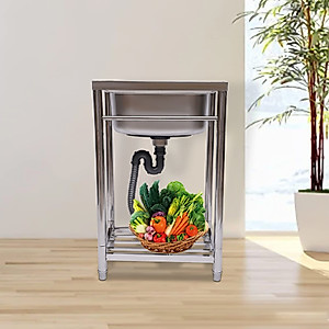 Cutycaty Standing Kitchen Sink, Stainless Steel Single Bowl Basin Sink with Silencing Pad and S-Shaped Water Pipe, Space-saving Catering Washing Bowl for Kitchens Bars Restaurants