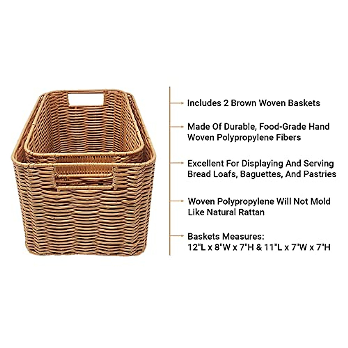 KOVOT Storage Woven Baskets Wicker Storage | Set of 2 Poly-Wicker Storage Baskets with Built-in Carry Handles | Laundry Storage Pantry Baskets Woven Polypropylene | 12"L x 8"W x 7"H & 11"L x 7"W x 7"H