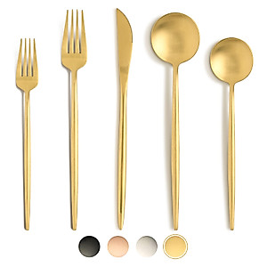 BirdyFly Gold Silverware Set, 20 Piece Stainless Steel Flatware Set Service for 4, Matte Gold Cutlery Set, Include Knives/Forks/Spoons, Dishwasher Safe