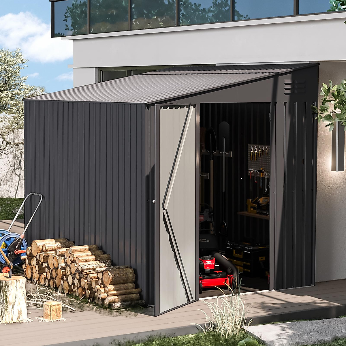 AECOJOY Shed Lean to Storage Shed, Outdoor 6' x 8' Metal Wall Side Bike Shed & Outdoor Storage, Garden Storage Cabinet for Backayrd, Patio and Outdoor Use in Dark Grey