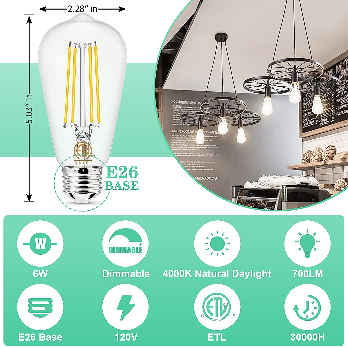 Hansang Dimmable Edison Light Bulbs E26 LED Bulb 60 Watt Equivalent, 4000K Natural Daylight Vintage Light Bulbs E26 Standard Base, Antique ST58 6W LED Filament Bulb,CRI 85+, Clear Glass, 700LM, 6 Pack
