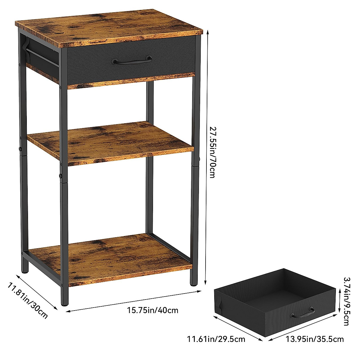Industrial Printer Stand Rack 3 Tier Printer Table with Storage Printer Shelf with File Drawer Sofa Side Tables Nightstand for Bedroom Machine Stand Holder for Office and Home, Brown