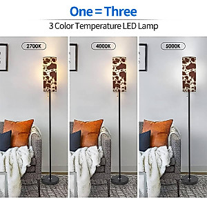 Modern Standing Lamps Cow leather skin brown Country Farmhouse Floor Lamp Rustic Metal Pole Lamp with Linen Lampshade for Bedroom Living Room Office Nursery Reading Foot Switch Western Decor