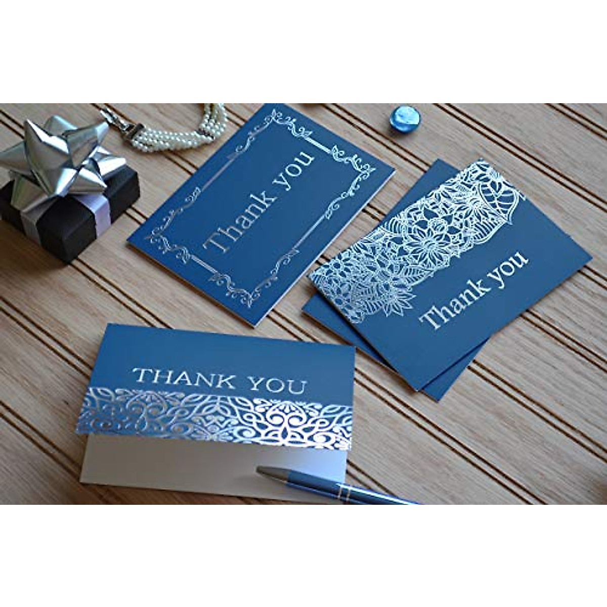120 Thank You Cards in Navy Blue with Envelopes & Stickers - Elegant 6 Designs Bulk Notes Embossed with Silver Foil Letters for Wedding, Formal, Business, Graduation, Funeral 4x6 Inch Thick Card Stock