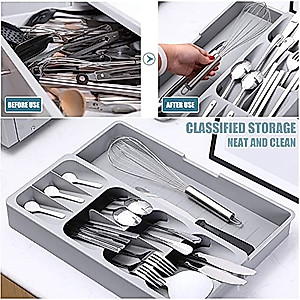 ORIJOYNA Kitchen Flatware Organizers - Drawer Organizer Tray Box Cutlery Expandable Organizer - for Kitchen Drawer Holding Flatware Spoons, Forks, Spatula (Grey)