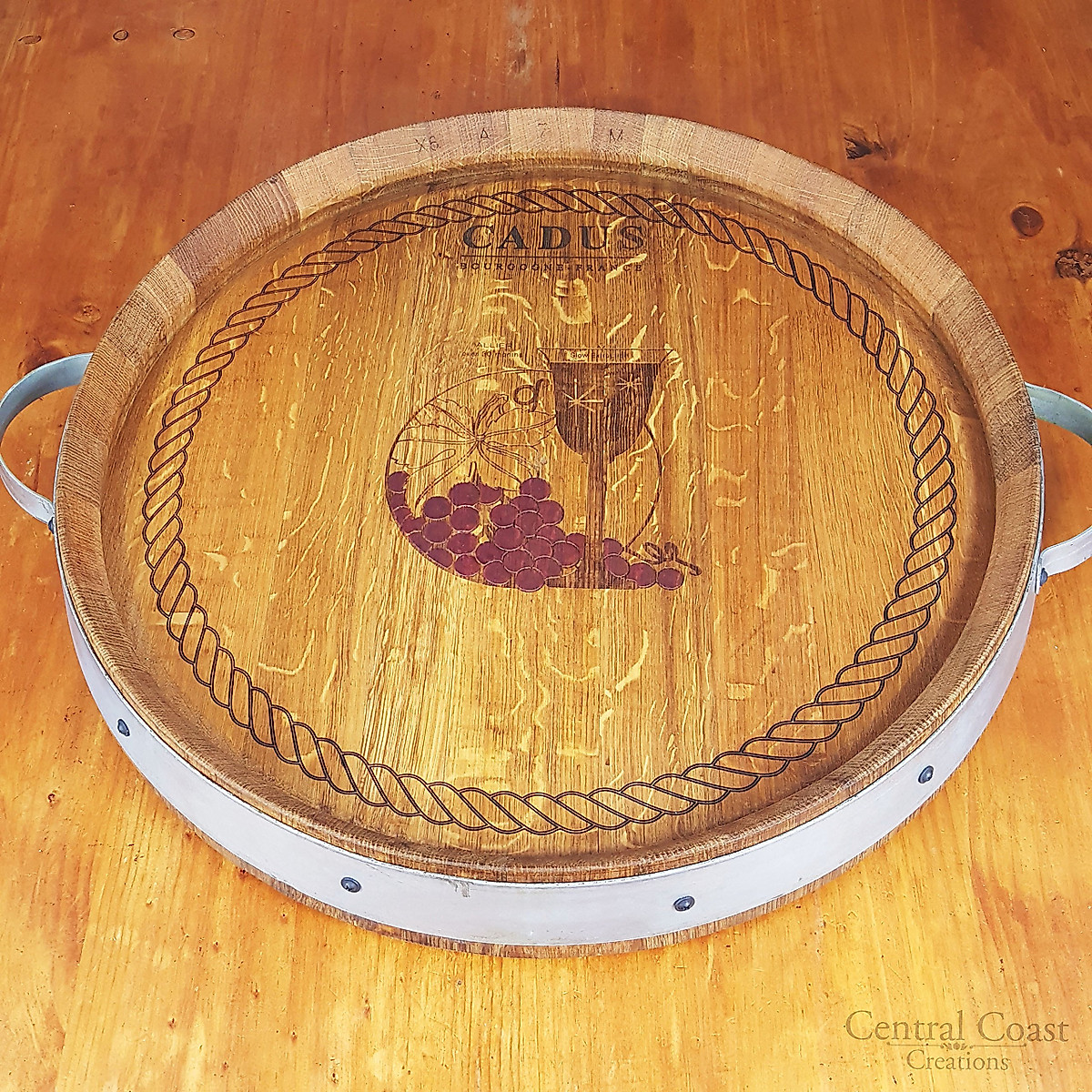 Barrel Top Wine Glass Engraved Lazy Susan - Wine Barrel Handcrafted - Central Coast Creations - Wine Barrel Furniture