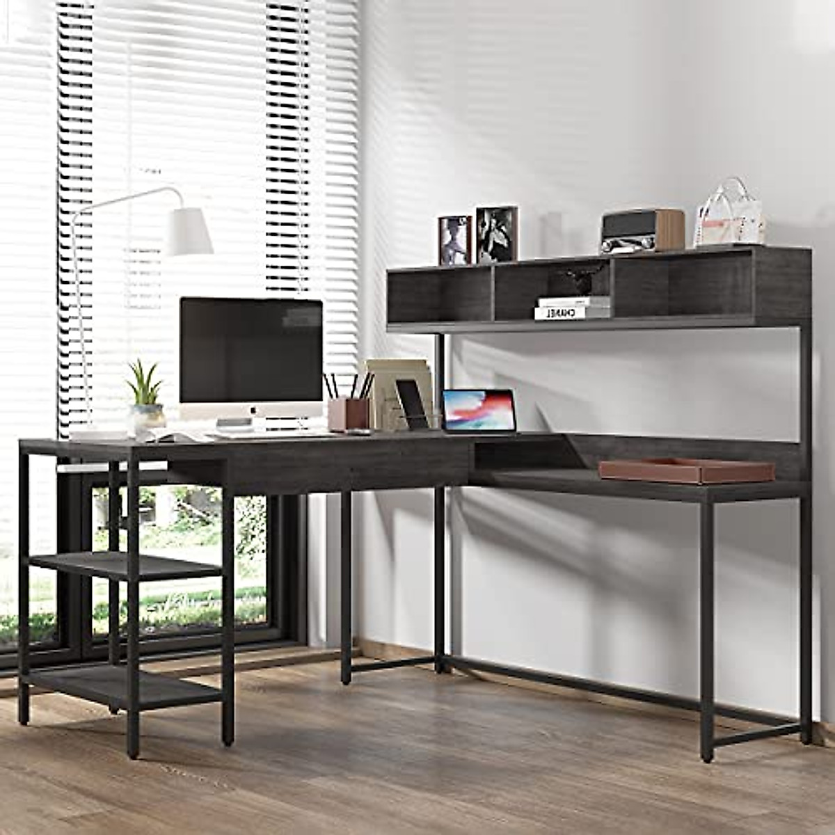 HEAO L-Shaped Corner Desk with Multiple Shelves and Drawer Space-Saving Computer Home & Office Desk (Dark Grey)