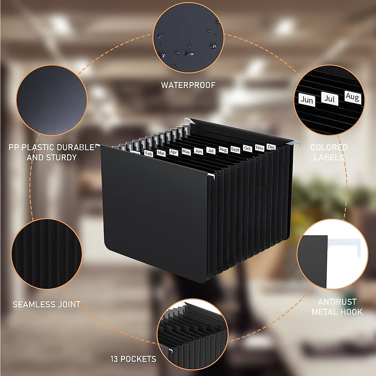 Plastic Expanding Hanging File Folders Letter Size,13 Expandable Pockets,Colored and Blank Tabs,Innovative Accordion Hanging Folder for Filing Cabinet,Fun Storage Office Supplies,Black