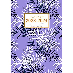 Planner 2023-2024: A5 Small Weekly and Monthly Organizer from May 2023 to April 2024 | Dark-Light Tropical Plant Leaf Design Blue-Violet