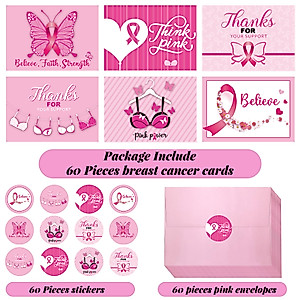 Tenceur 60 Sets Breast Cancer Cards Pink Ribbon Thank You Cards Breast Cancer Thank You Cards with Envelopes and Stickers for Breast Cancer Fundraising and Awareness Events