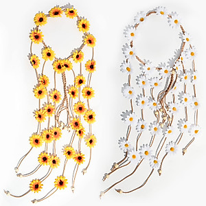 Sucrain 2pcs Flower Hippie Headband Floral Crown Summer Sunflower Hair Accessories for 70 s Bohemian Costumes Style