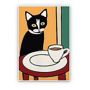 Vintage Cat Wall Art Cat and Coffee Abstract Poster Modern Urban Room Canvas Bedroom Aesthetic Decor 12X16 Inch Unframed