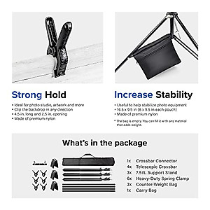 Julius Studio 20 feet Max Crossbar, 250° Rotatable Angle, Double Wide Telescopic Backdrop Stands, Background Support System with 6 Spring Clamps and 3 Counter Weight Sand Bags, JSAG794