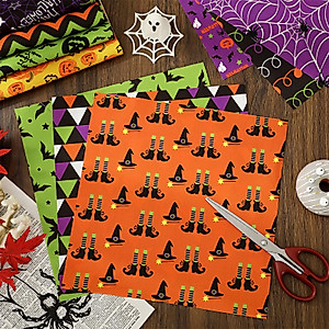 JarThenaAMCS 60Pcs Halloween Cotton Fabric Bundles 10 x 10 Inch Halloween Character Fat Quarters Green Purple Black Orange Sewing Fabrics for DIY Craft Party Decor