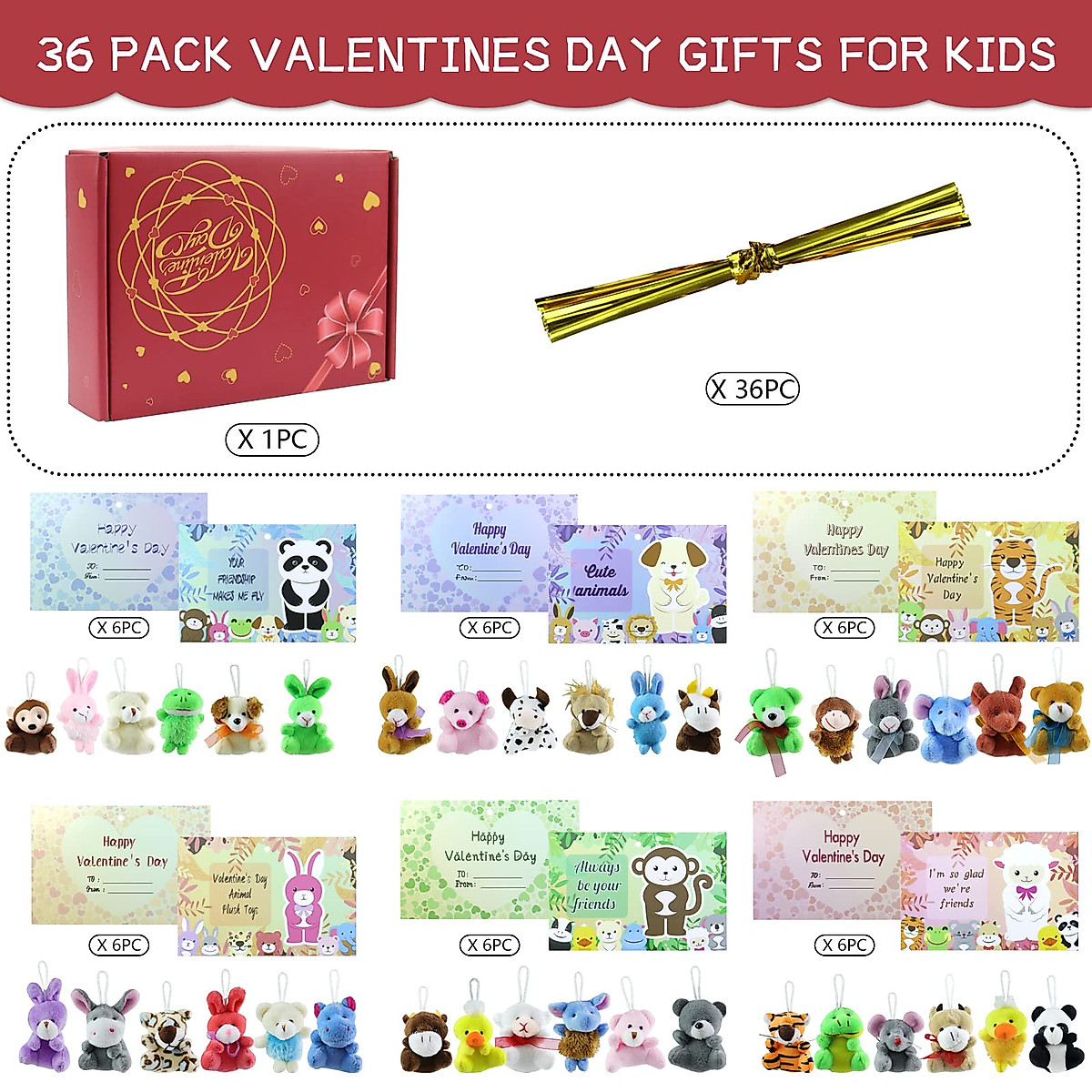 Valentines Day Gifts Cards for Kids, 36 Animal Plush Toys and 36 Valentines Day Cards for Kids School Classroom Prizes, Gift Exchange, Love Notes,for Girls and Boys Classroom Prizes Party Favors Toys