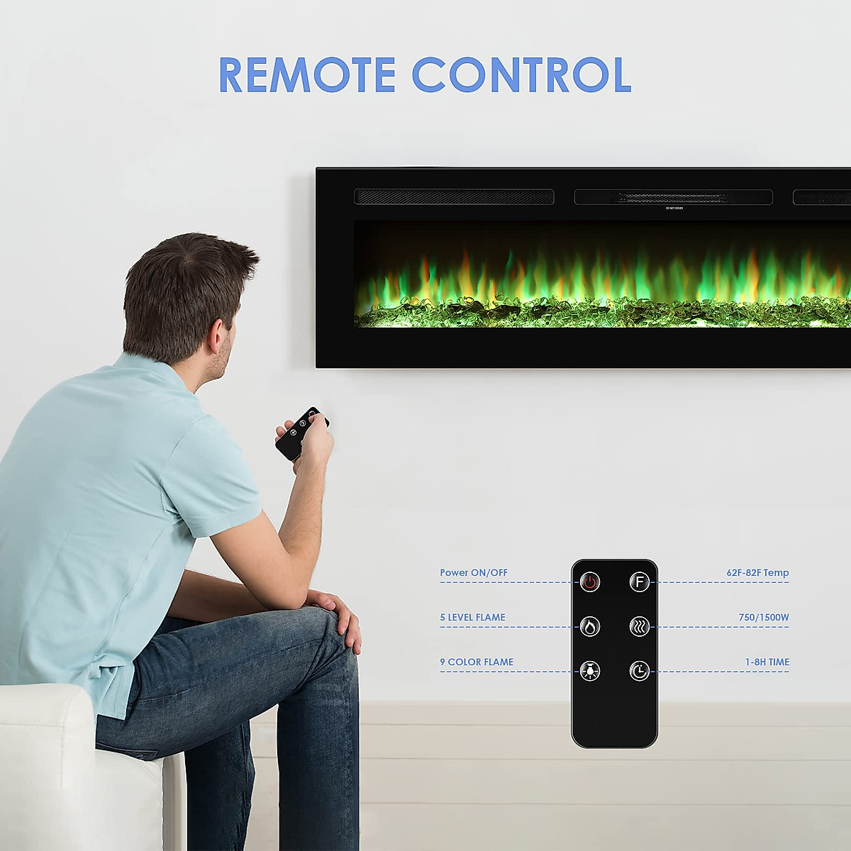 AthLike 60'' Recessed and Wall Mounted Electric Fireplace, 750/1500W Low Noise Linear Heater, with Multicolor Flame and 5 Flame Brightness, Log&Crystal, Touch Screen Remote Control,1-8h Timer, Black