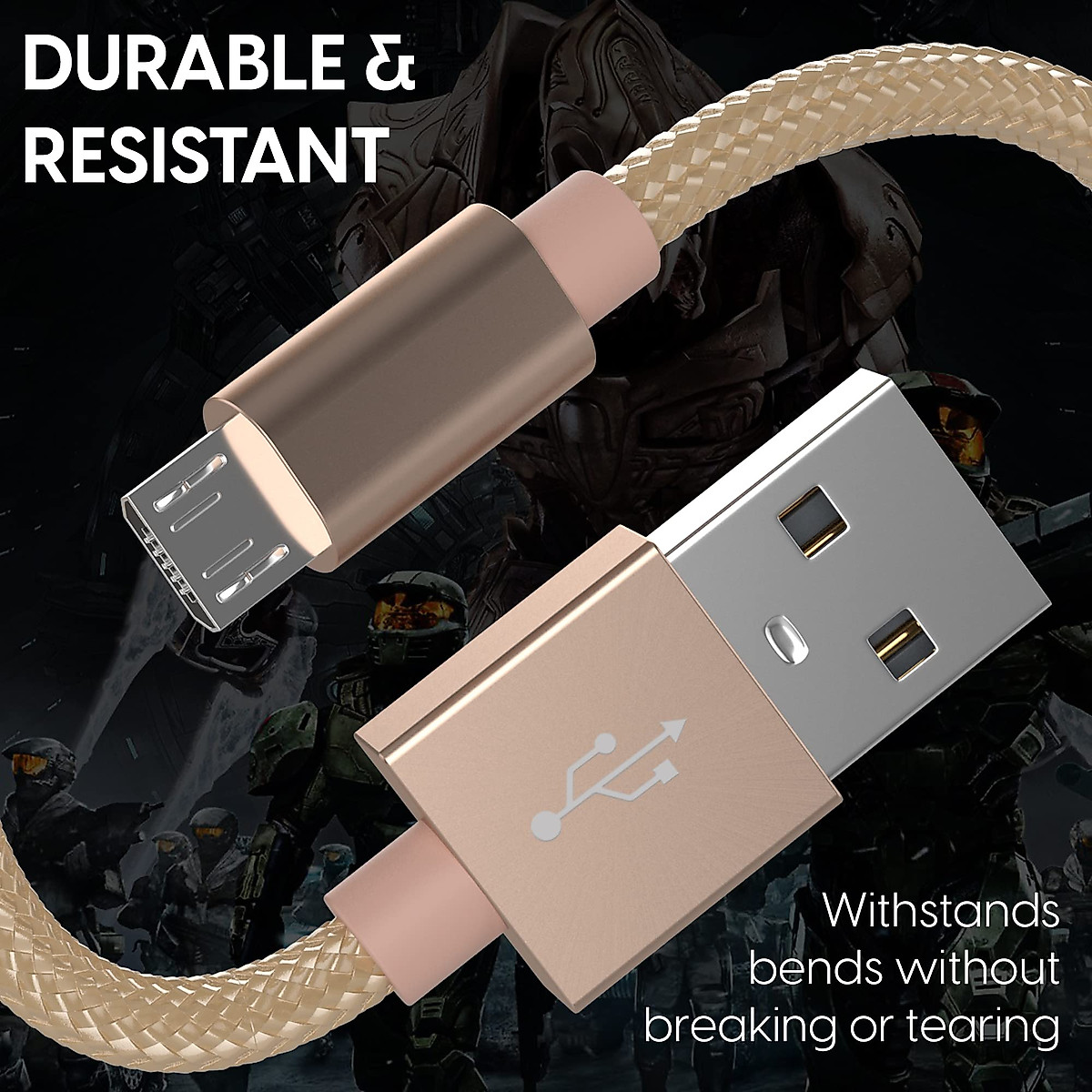 TALK WORKS PlayStation 4 Charging Cable - 6' Nylon Braided Micro USB Charger Cord, Heavy Duty Fast Charge for PS4 (Gold, Pack of 2) (14092)