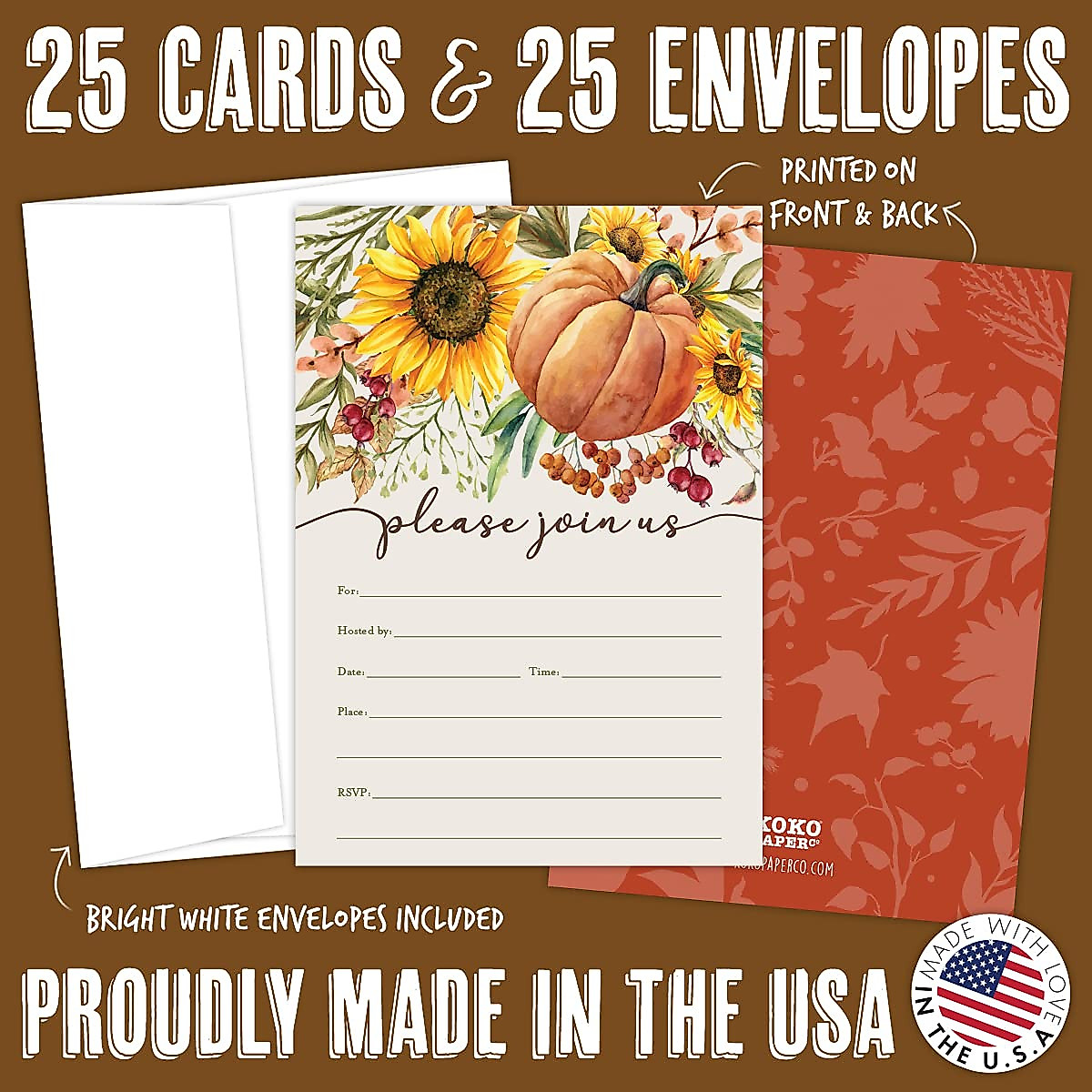 Koko Paper Co Fall Invitations with Pumpkin and Sunflowers | 25 Fill-in Invitations and 25 Bright White Envelopes | Printed on Heavy Card Stock.
