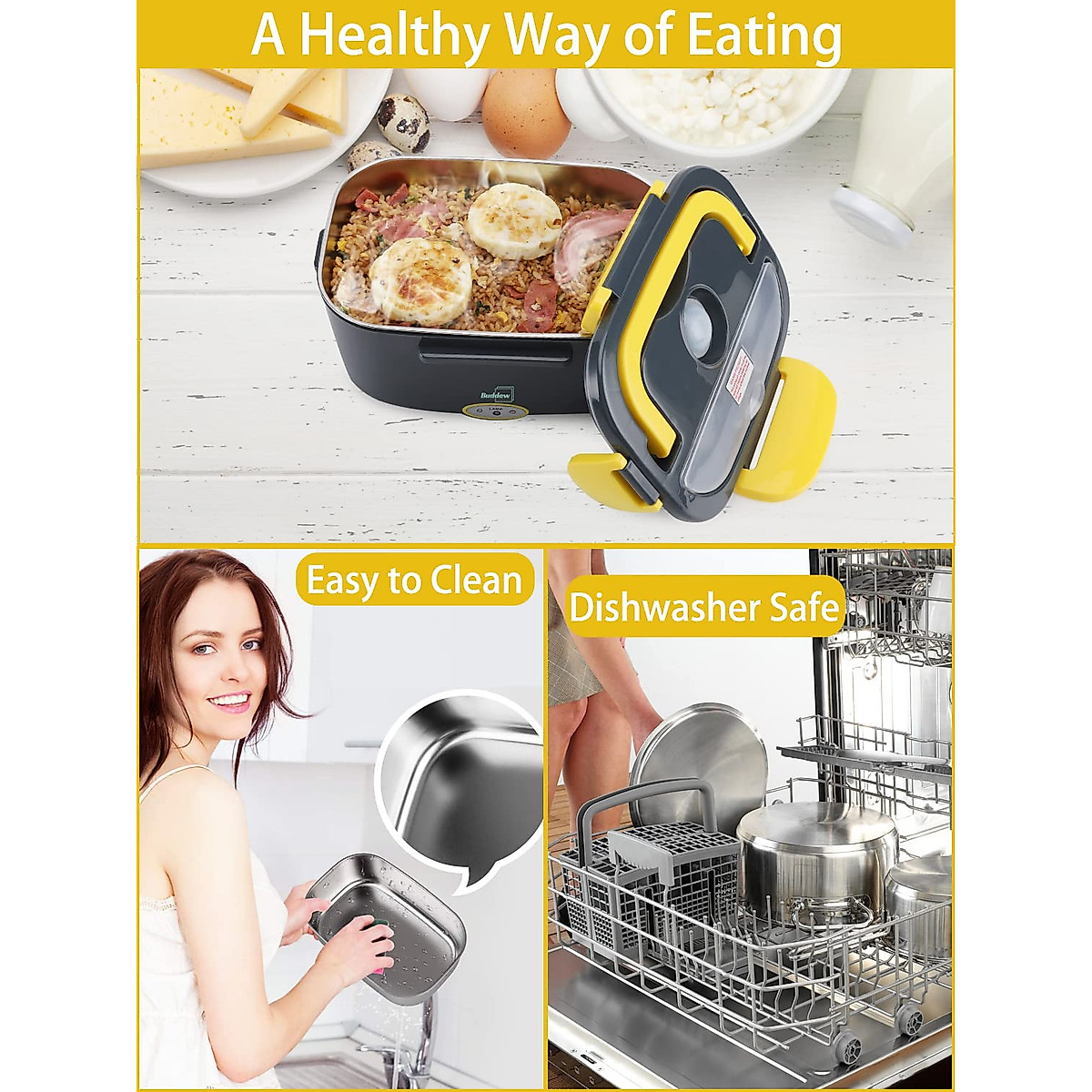 Buddew Electric Lunch Box 80W Food Heater for Adults, 12/24/110V Portable Lunch Warmer Upgraded Heated Lunch Box for Car/Truck/Office with SS Fork&Spoon and Insulated Carry Bag(Yellow)