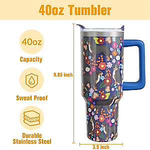 owbgsdh Bernese Mountain Dog Gifts for Women Lovers 40 oz Floral Bernese Mountain Tumblers with Handle and Straw, Stainless Steel Vacuum Insulated Travel Coffee Mug Cup Water Bottle