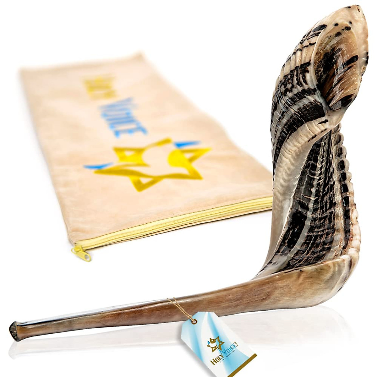 Handcrafted Kosher Ram Shofar from Israel – 14"-16" Musical Horn with Shofar Bag – Decorative, Functional Jewish Gifts for Women & Men by Holy Voice, Half Polished