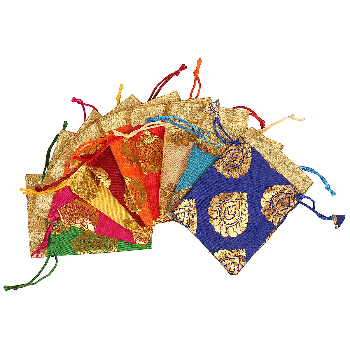 Touchstone Drawstring Bags Traditional Indian Handcrafted in Ficus Leaf Pattern Brocade Fabric. Perfect for Gifts Jewelry Weddings Sweet Distribution Set of 9 Vibrant Multicolor Pouches Purses Potli.